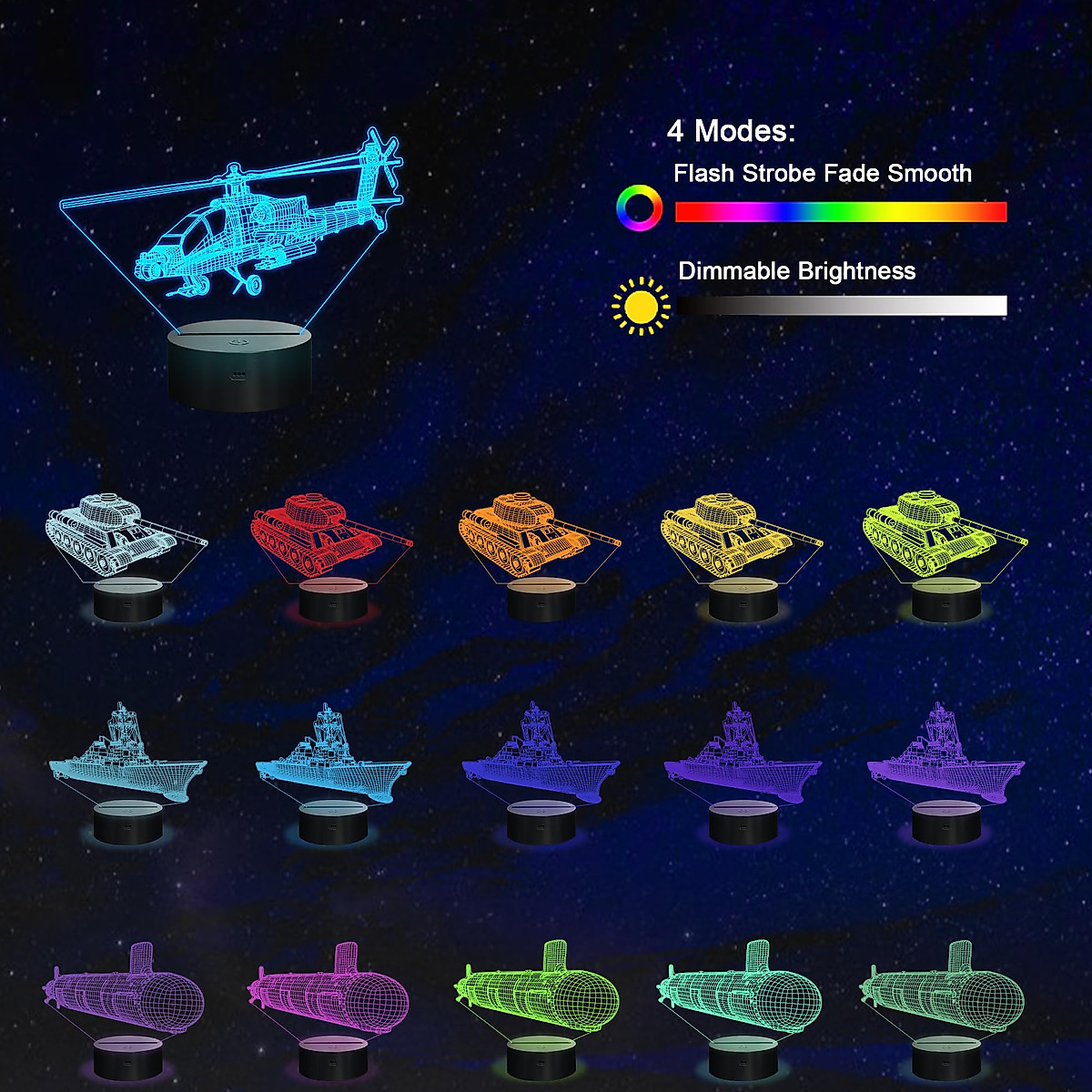 YuanDian Military Weapons 3D Lamp Kits,Navy Gguided Missile Destroyer, Submarine,Tank,Helicopter 3D Night Light for Kids (4 Patterns) with Remote Control & 16 Colors Light