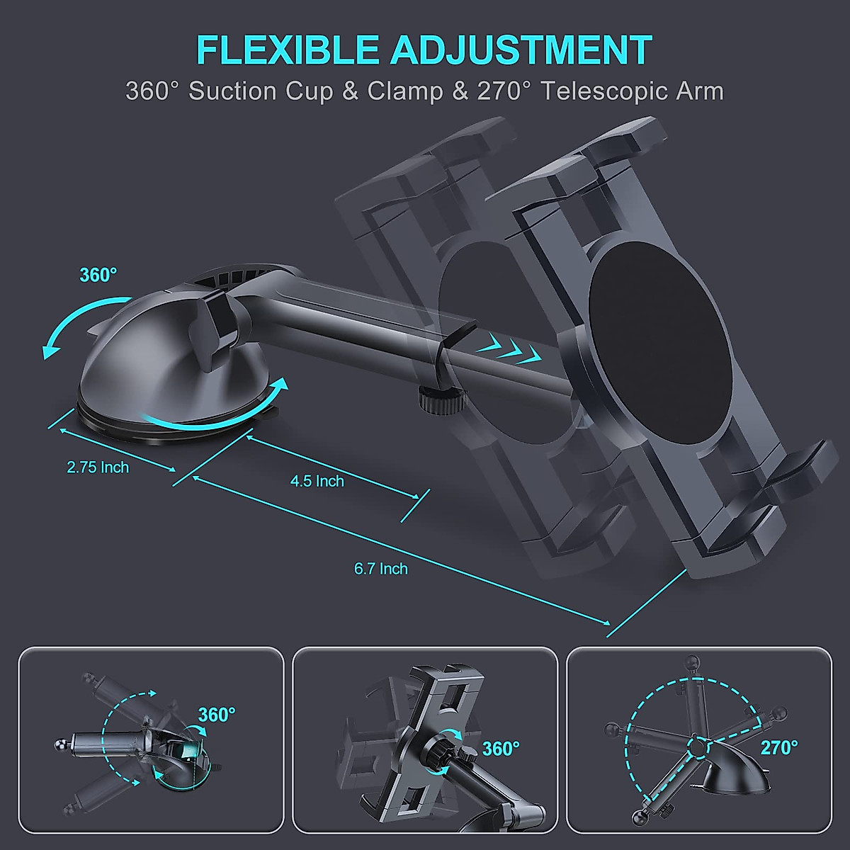 Dashboard & Windshield Car Tablet Mount Holder, 360° Rotatable Suction Cup Window Dash Phone Stand for iPad Pro 12.9/11/10.5/Air/Mini 6/5/4, Samsung Galaxy Tab, iPhone 16/15, 4.7"-12.9" Tab Phone