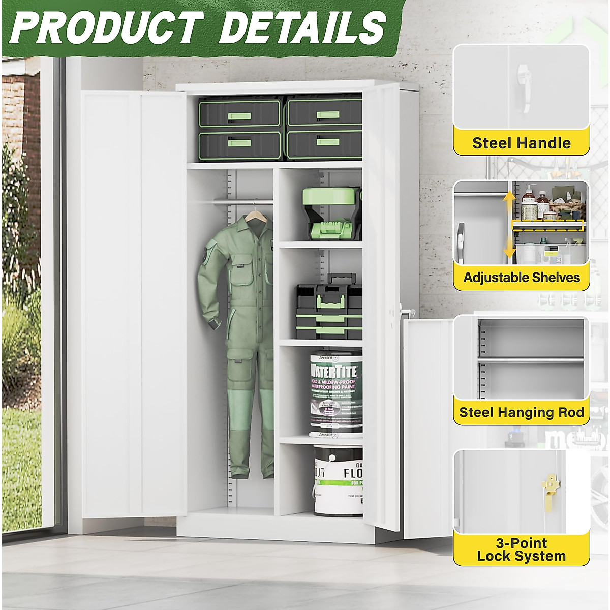 Greenvelly Metal Wardrobe Closet with Doors and Shelves,72" Armoire Wardrobe Closet for Hanging Clothes for Office, Home, School, Employee,Gym(White)