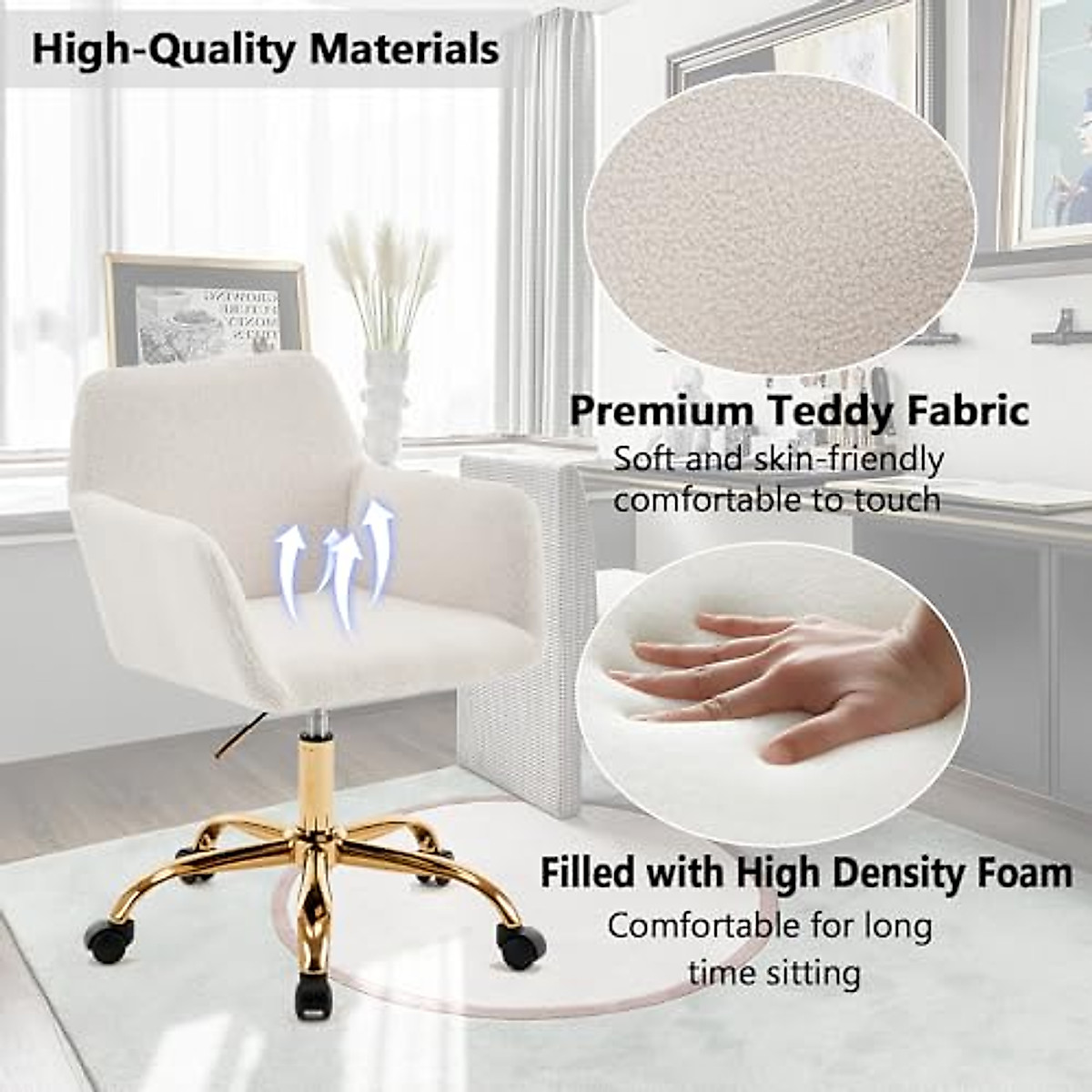 Modern Teddy Home Office Chair, Upholstered Cute Desk Chair with Gold Metal Legs, Adjustable Swivel Task Chair with Wheels, Vanity Chair for Girls Women Small Space Bedroom Study Makeup, White
