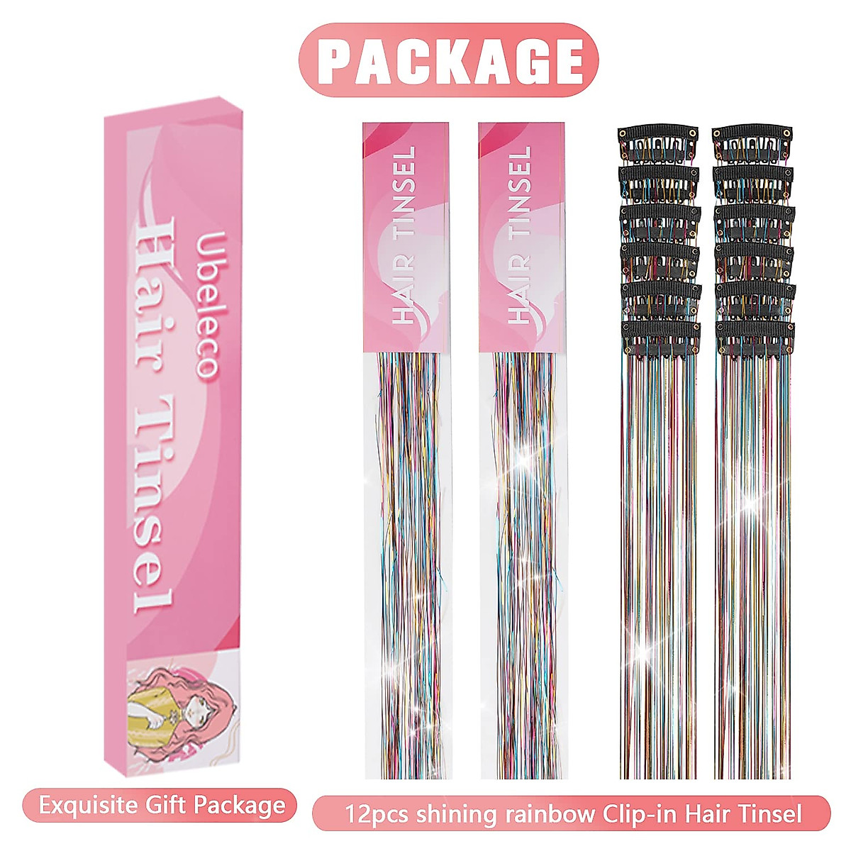 Hair Tinsel 12Pcs Clip in Rainbow Hair Accessories 20.5 Inch Fairy Hair Tinsel Kit for Women Girls Kids Glitter Hair Extensions for Christmas Halloween New Year Party (Rainbow)