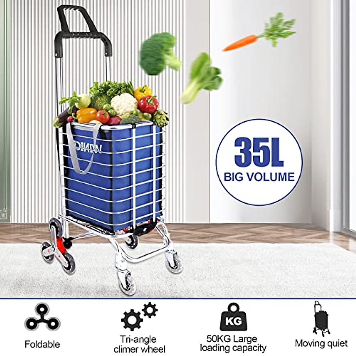 Folding Shopping Cart, Grocery cart on Wheels 35L 110lbs Large Capacity Stair Climbing Trolley w/8 Wheels & Removable Waterproof Oxford Bag Utility Cart (Blue)