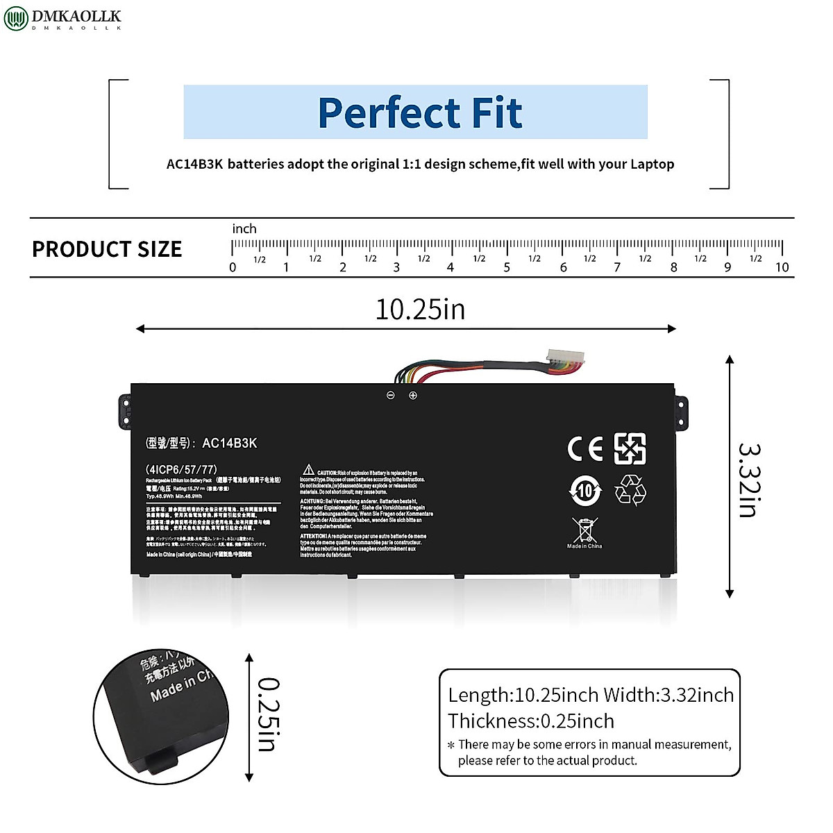 DMKAOLLK AC14B3K Battery for Acer Chromebook 15 CB3-531 CB3-531-C4A5 CB5-571 CB3-111 C810 C910 Aspire R5-571TG R5-571TG-7229 Spin 3 SP513 SP513-51-55ZR Aspire E15 ES1-512 KT00403032