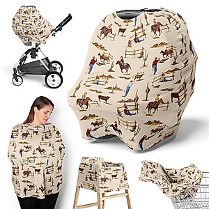 Sweet Jojo Designs Western Cowboy Boy Infant Baby Car Seat Cover Nursing Breastfeeding Shopping Cart Stroller Canopy - Tan Brown Red Southern Country Chocolate Blue and White Wild West Horse