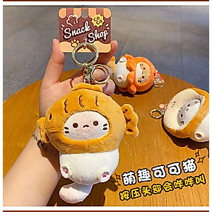 HSYHERE Men Women Creative Interesting Funny Cute Stylish Wearing Food Shrimp Bread Hat Soft Cat Plush Kitty Keychain Key Ring, Valentine Lover Christmas New Year Gift Bag Pendant -Fish