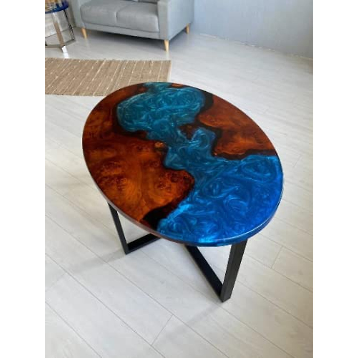 Oval Shape Epoxy Coffee Table with Blue Resin River, Custom Round Acacia Wood Side Circle, Wide Blue Resin River, Blue River Epoxy Table (18X18)