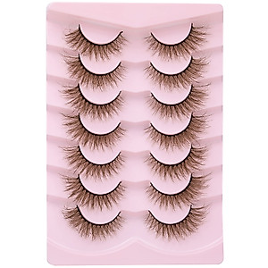 Mink Lashes Fluffy Brown False Eyelashes Natural Look Volume Wispy Cat Eye Lashes 15mm 7 Pairs Pack by FANXITON