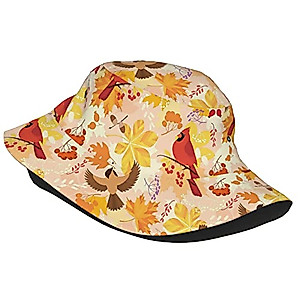 Autumn Maple Leaf and Cardinal Berry Acorns Bucket Hats for Women Men Unisex Summer Fisherman Hats Teens Sun Protection Cap Packable Trendy Travel Beach Vacation Cap