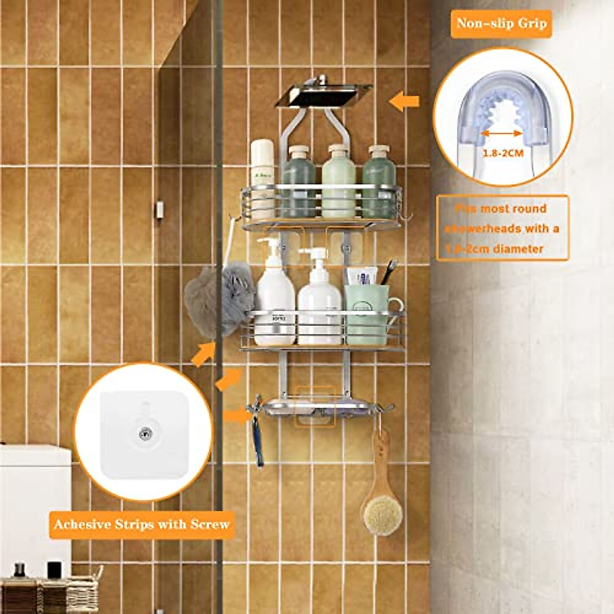 Fogein Shower Caddy Over Shower Head, Hanging Shower Caddy, Shower Basket with Suction Cup, Bathroom Shower Caddy Over The Door with Bamboo Board Hook & Soap Box, No Drilling(3 Tier, Silver)