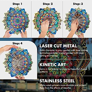 Mandala Wind Spinners for Yard and Garden, 3D Stainless Steel Hanging Spinner for Outdoor & Indoor Decorations, 360 Degree Swivel, 12 inch Spinner