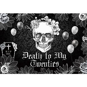 Hilioens 7×5ft Death to My Twenties Backdrop for 30th Birthday RIP to My 20s Youth Gothic Skull Coffin Black Party Background for Photography Girls Boys Halloween Thirties Birthday Banner Deocr