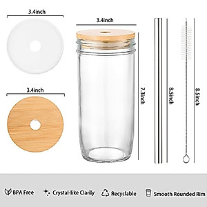 MOHARY [ 4 Pack ] Glass Cups Set - 24oz Mason Jar Drinking Glasses with Bamboo Lids & Straws & 2 Airtight Lids & 2 hole Lids - Cute Reusable Boba Bottle, Travel Tumbler for Tea, smoothie