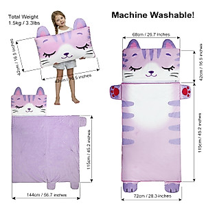 Rabtero Children Sleeping Bag, Toddlers Kids Nap Mat, Cartoon Cat Sleeping Mat for Daycare Preschool Kindergarten, Girls Boys Slumber Bag, Pillow, Blanket 3 in 1
