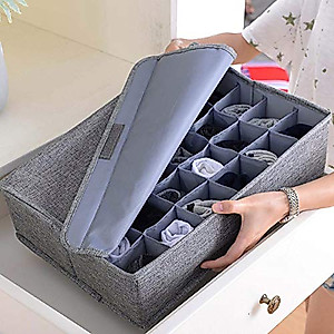 Socks Organizer with Lid, 30 Cell Underwear Drawer Organizer Foldable Closet Storage Box for Ties, Lingeries, Socks - Gray