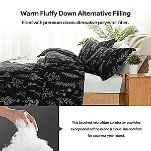 Maple&Stone Queen Floral Comforter Set, Black Bedding Set 3pcs Soft and Durable Microfiber with Elegant Plant Flowers Print Bedding Comforter Sets - Includes 2 Pillowcases