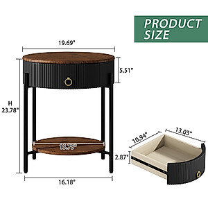 OIOG Modern Side Table with Drawer, Industrial 2 Tier End Table with Shelf, Wood Grain Nightstand with Storage for Living Room, Bedroom, Office, Dorm, Black