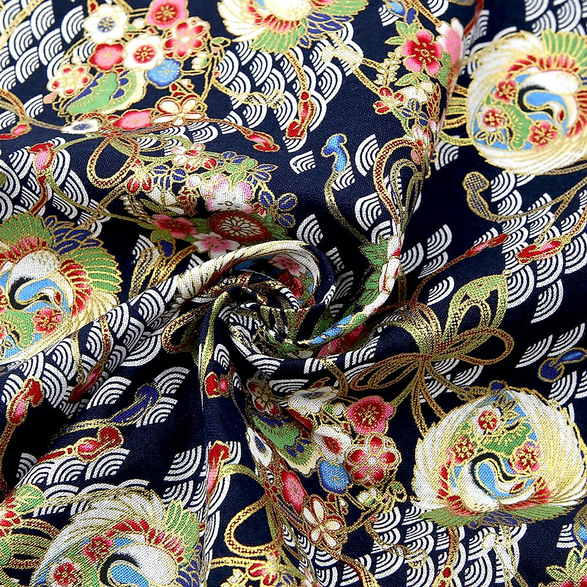 Japanese Fabric,Asian Fabric Squares 6 PCS,6 Different Black Japanese Wrapping Cloth Fish Floral Red Crowned Crane Patterned Fabric Bundles 19.6 x 15.8 Inch for Sewing Furoshiki Wrapping Artcraft DIY