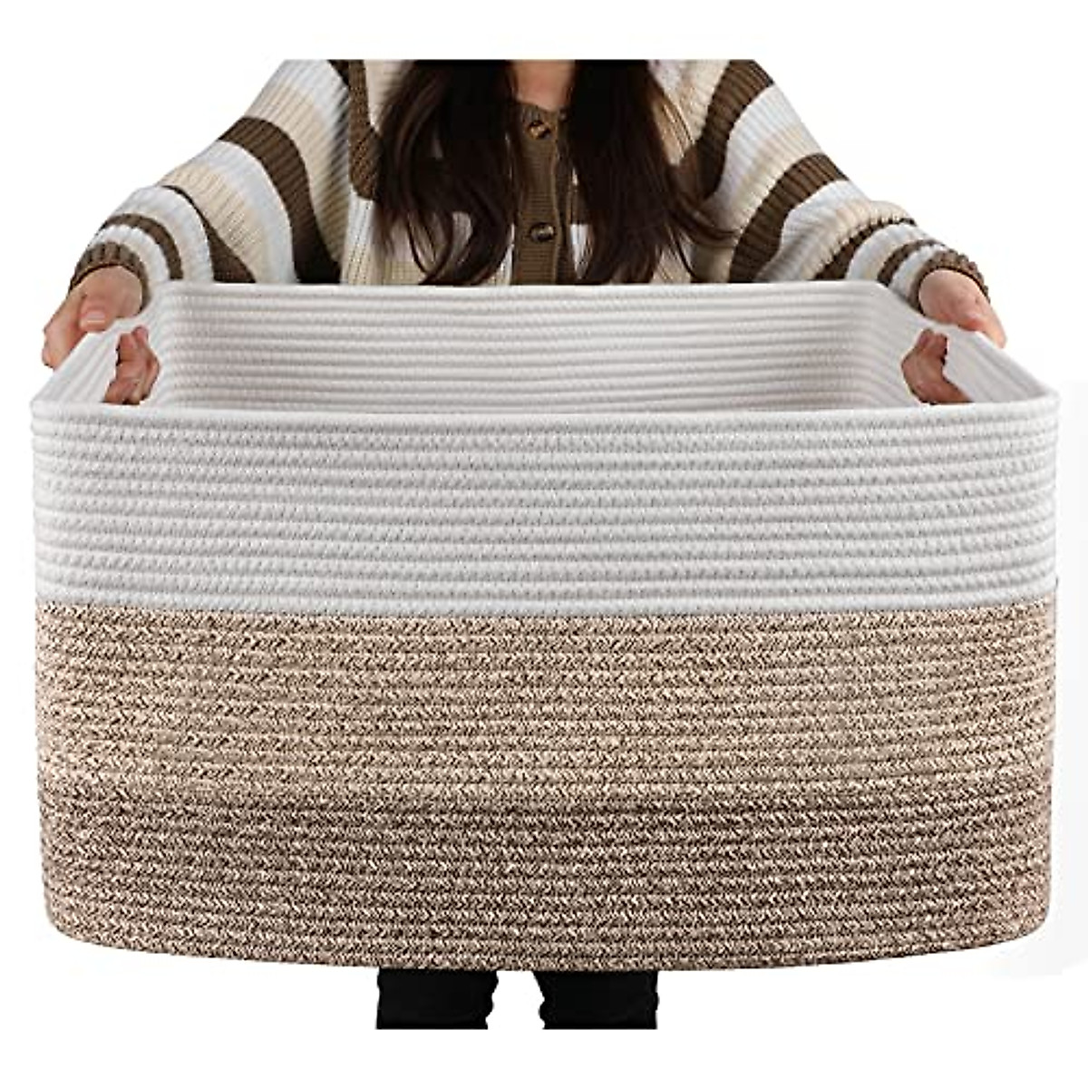 OIAHOMY Large Blanket Basket, Rectangle Woven Baskets for Storage, Nursery Cotton Rope Basket Living Room, Toy Basket For Organizing, Large Baskets With Handle-22”x17”x12”-Gradient Yellow