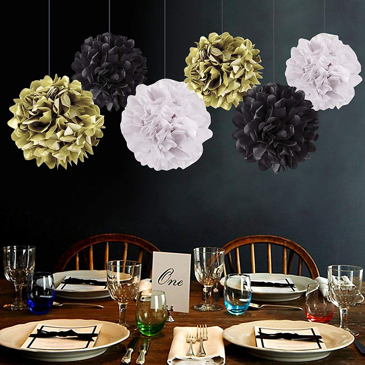 Black and Gold Party Decorations Happy Birthday Confetti Balloons with Banner,Star Heart Foil Balloons,Paper Pompoms for18th 20th 30th 40th 50th 60th 70th Birthday Decorat (Black and Gold)