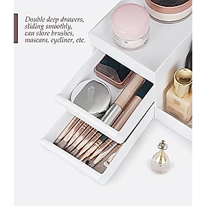 Makeup Desk Cosmetic Storage Box Organizer with Drawers for Dressing Table, Vanity Countertop, Bathroom Counter, Elegant Vanity Holder for Brushes, Eyeshadow, Lotions, Lipstick and Nail Polish (White)