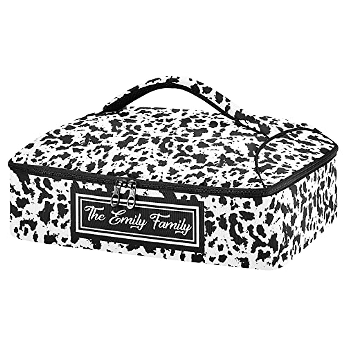 Black White Cow Print Custom Casserole Carriers for Hot or Cold Food Personalized Name Insulated Casserole Dish Carrier Bag Lunch Tote Bag for Cookouts Party Picnic Beach