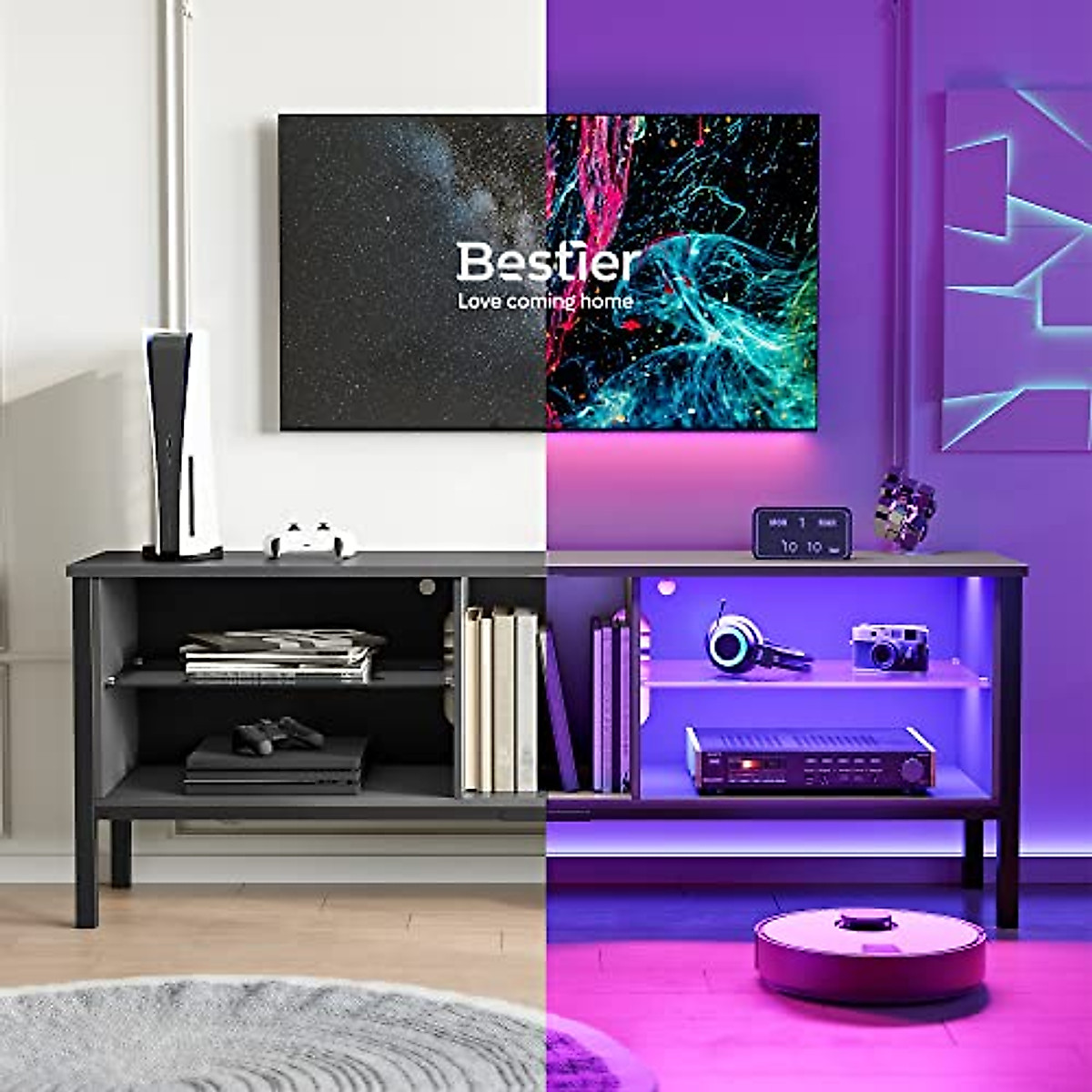 Bestier Entertainment Center, Gaming TV Stand for 70 TV inch, TV Media Console with Modern Glass Shelves, Grey
