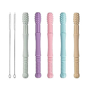 Hollow Teether Tubes, Honboom 5 Packs Soft Silicone Teething Tubes, Baby Soothing Teether Toy, Chew Straw Toy for Babies 0-12 Months with a Cleaning Brush, Dishwasher Safe (6.6in)