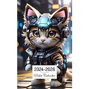 Pocket Calendar 2024-2026: Two-Year Monthly Planner for Purse , 36 Months from January 2024 to December 2026 | Isometric view | Cute futuristic cat wearing cyberpunk