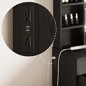 IRONCK Vanity Desk with LED Lighted Mirror & Power Outlet, Makeup Table with Drawers & Cabinet,Storage Stool,for Bedroom, Black