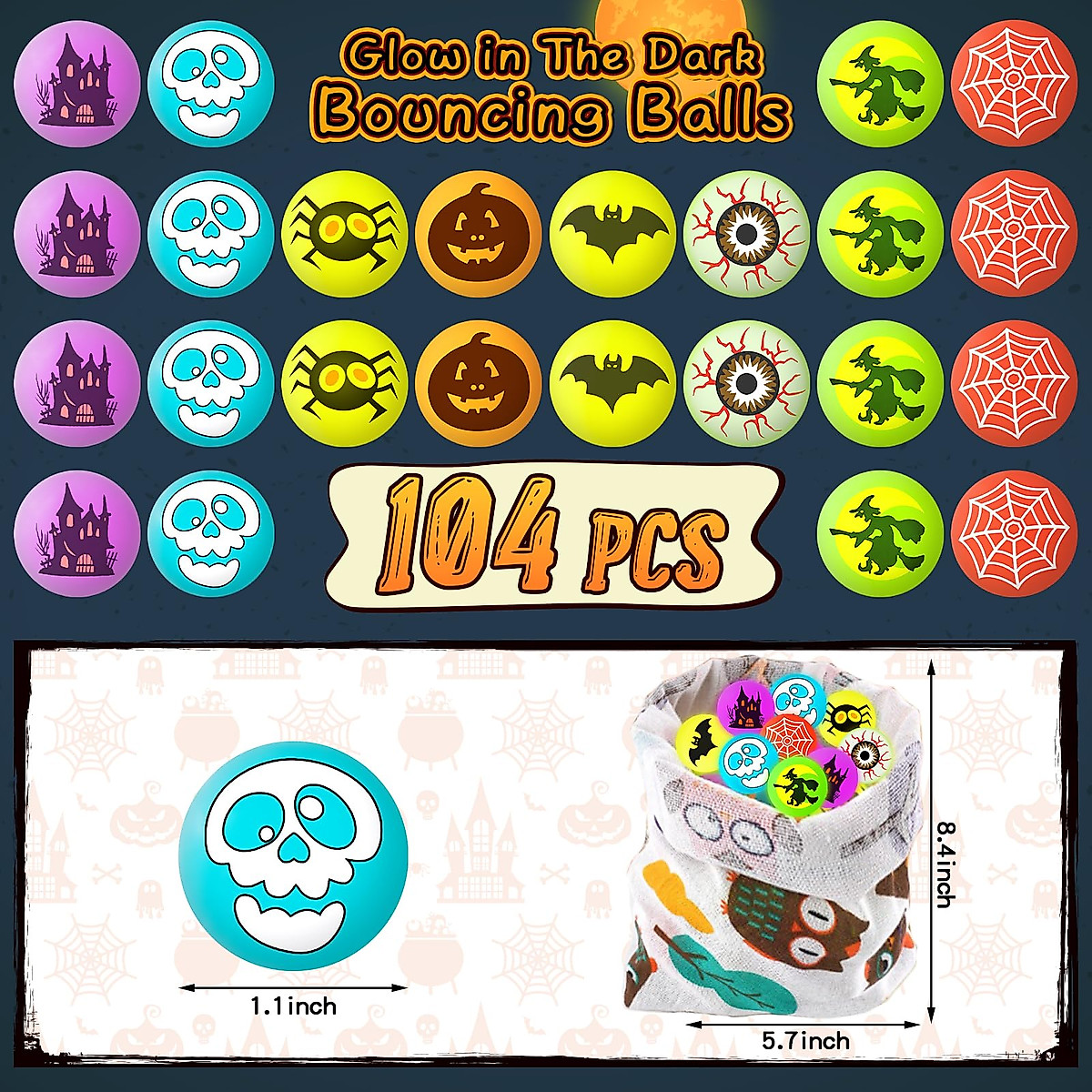 104 Pcs Glow in The Dark Halloween Bouncy Balls , 8 Halloween Designs Eyeballs Toys for Halloween Party Favor Supplies, Trick or Treating Goodie, Classroom Rewards Prizes Game for Kids- With Pouch Bag