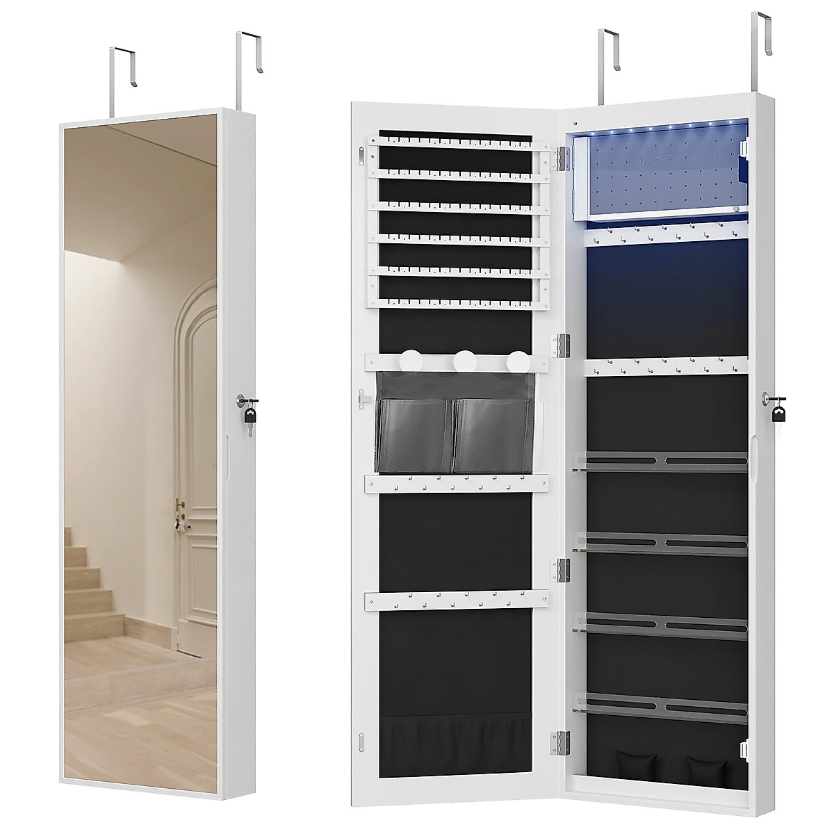 Hzuaneri 8 LEDs Mirror Jewelry Cabinet, 47.2-inch Jewelry Armoire Organizer, Wall/Door Mount Lockable Storage Cabinet with 6 Earrings Shelves, 2 Makeup Pockets, White and Black JC12003B