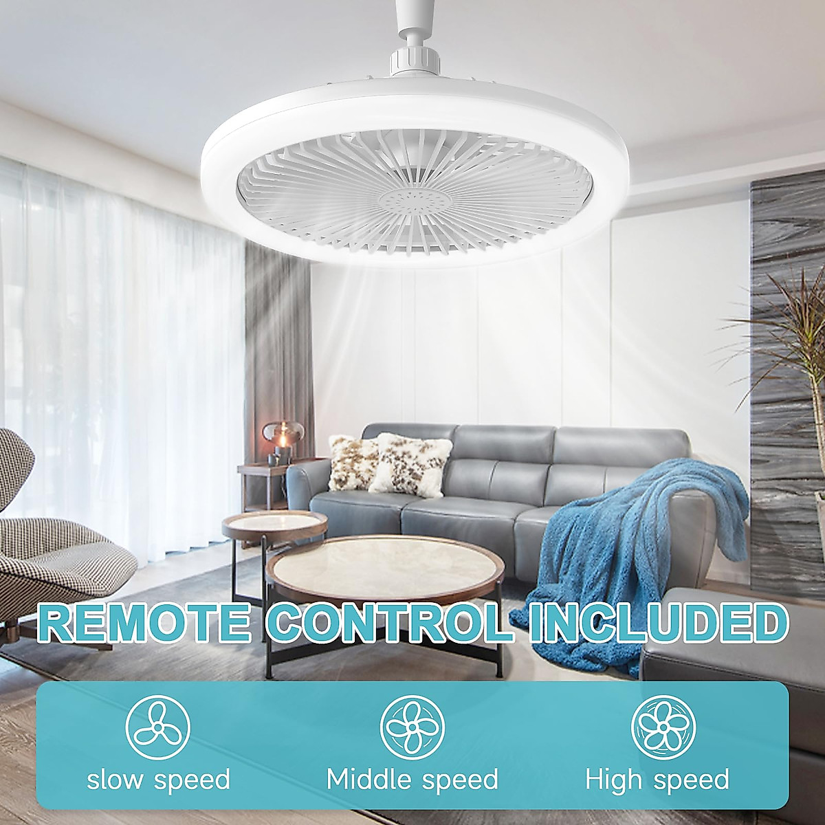 Ceiling Fan with Lights and Remote - Small Ceiling Fan Light 10 inch Bladeless Screw in Socket Fan Dimmable 3 Colors LED Lights E27 Base Mini Fandelier Ceiling Fan for Bedroom Kitchen Indoor White