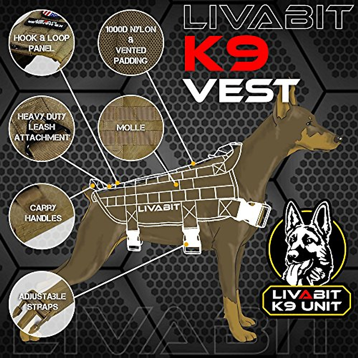 LIVABIT [ Tan ] Canine Service Dog Tactical Molle Vest Harness Large