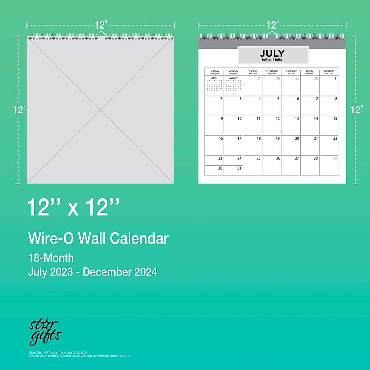 Floral Splendor | 2024 12 x 12 Inch 18 Months Monthly Square Wire-O Calendar | Sticker Sheet | July 2023 - December 2024 | StarGifts | Stationery Planning