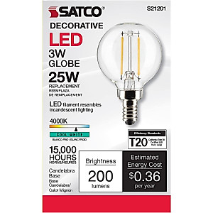 Satco 3-Watt LED E12 Light Bulb, 4000K, 15000 Hour Rating, Dimmable
