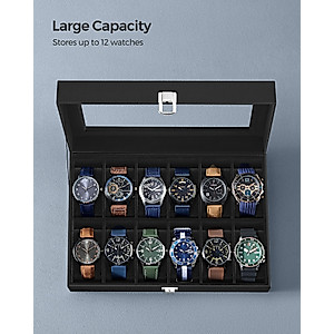 SONGMICS Watch Box, 12-Slot Watch Case with Large Glass Lid, Removable Watch Pillows, Watch Box Organizer, Gift for Loved Ones, Black Synthetic Leather, Black Lining UJWB012B01
