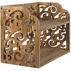 MyGift 2 Tier Dark Brown Solid Wood Desktop Storage Display Shelf with Scrollwork Cutout Design, Study Desk Bookcase for Dorm Room, Office and Home Decor