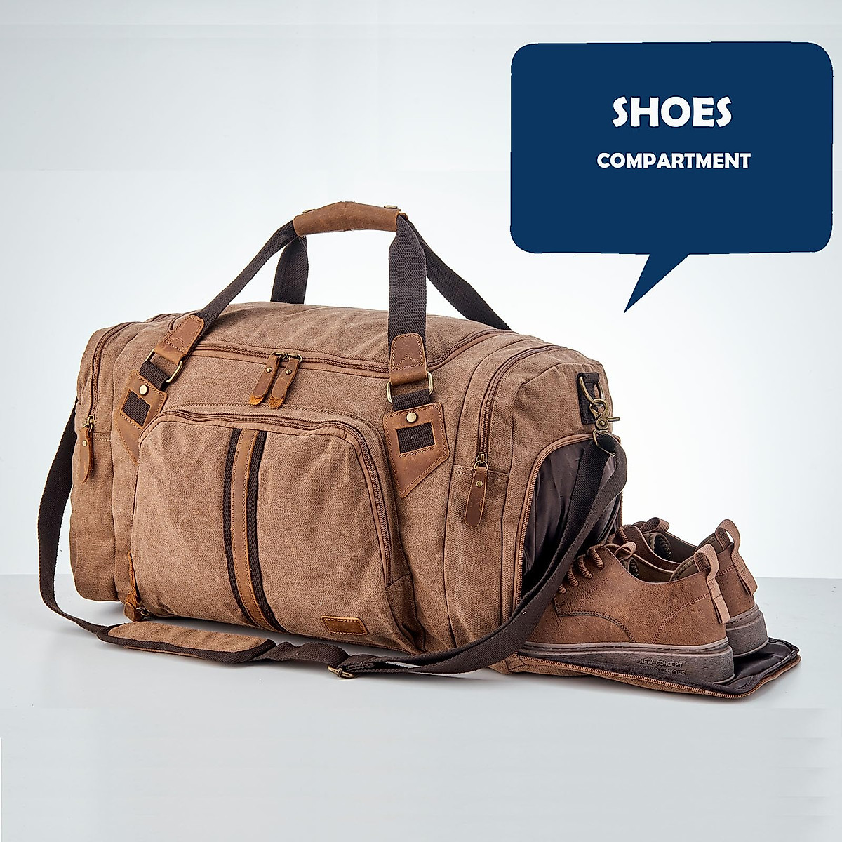 AGDHERSNVX Canvas Duffle Bag with Shoes Compartment Overnight Travel Duffel with Genuine Leather Parts Weekender Lightweight Waterproof Bags for Women Men Khaki