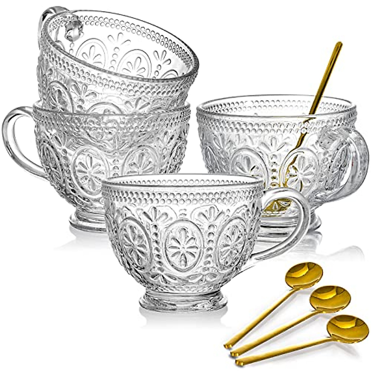 Bekith Set of 4 Glass Coffee Mugs 13 Ounces, Vintage Glass Coffee Mugs with Spoons, Clear Embossed Glass Cups Set for Cappuccino, Latte, Cereal, Yogurt, Tea, Beverage Hot/Cold
