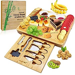 Angela&Alex Cheese Board and Knife Set, Bamboo Charcuterie Platter & Serving Tray Christmas Gifts for Cheese, Wine, Crackers, Brie and Meat Large & Thick Wooden Fancy Christmas Wedding Birthday Gifts