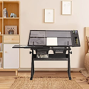 Lamerge Glass Drafting Table with Stool, Drawing Desk for Adults/Artists 2 Storage Drawers,Height Adjustable 0-75° Tilting Home Office, Black (Drafting Table001)