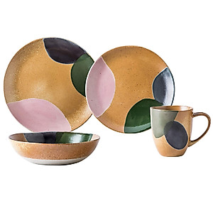 GagalU Dinner Set,Porcelain Dinnerware Sets, 18 Pieces Retro Color Stitching Ceramics Dinner Combination Set | Cereals Bowls and Steak Plates Sets with Mug for Restaurant