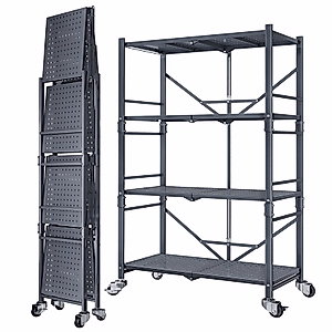 Folding Storage Shelves Metal Garage Shelving - 4 Tier Heavy Duty Foldable Shelf with Wheels, Grey