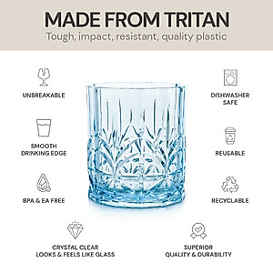 BELLAFORTE Shatterproof Tritan Plastic Short Tumbler, Set of 4, 13oz - Myrtle Beach Unbreakable Crystal Cut Old Fashioned Drinking Glasses for Whiskey - BPA Free - Dishwasher Safe - Blue