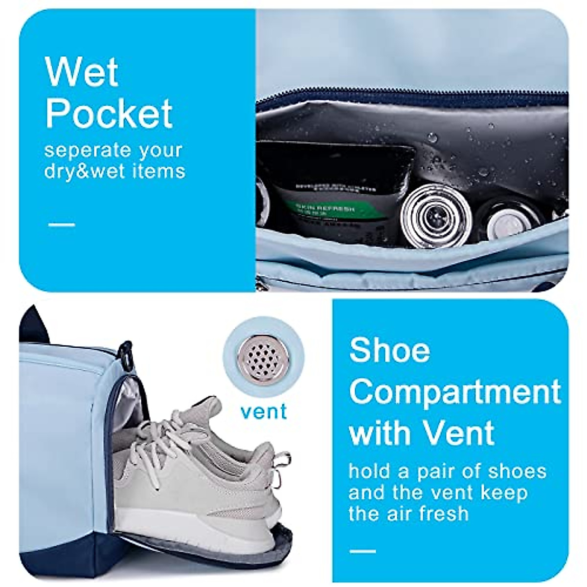 Gym Duffle Bag for Women with Wet Pocket Shoes Compartment Carry On Bag Weekender Overnight Duffel Bag with Shoe Compartment Wet Pocket