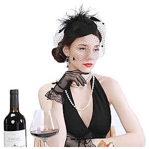 Diwlolido Fascinators Hats Pillbox Hat Cocktail Tea Party Feather Hair Clip Wedding Headwear with Veil for Women and Girls (Feather Black Set)
