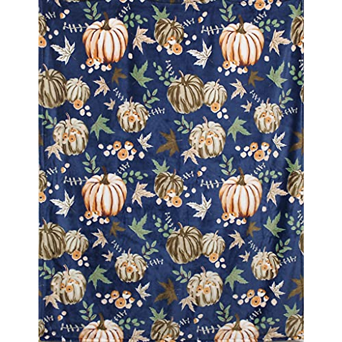 Fall Decor Throw Blanket: Soft Orange White Pumpkins Leaves and Berries on Slate Blue Background for Living Room Couch Bed Chair or Dorm