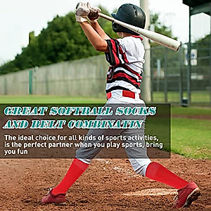 Newcotte 4 Pairs Baseball Sock and 2 Pcs Belt Combo Set Adjustable Softball Sock for Youth Boys Girls Kids Adult, Red (Medium)