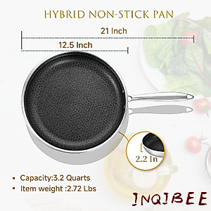 Inqibee 12-Inch Hybrid Tri-Ply Stainless Steel Sauté Pan,Non-stick Frying Pan with Lid,Skillet,Induction Chef's Pan,Heavy Duty and Oven Safe,Detachable Handle.