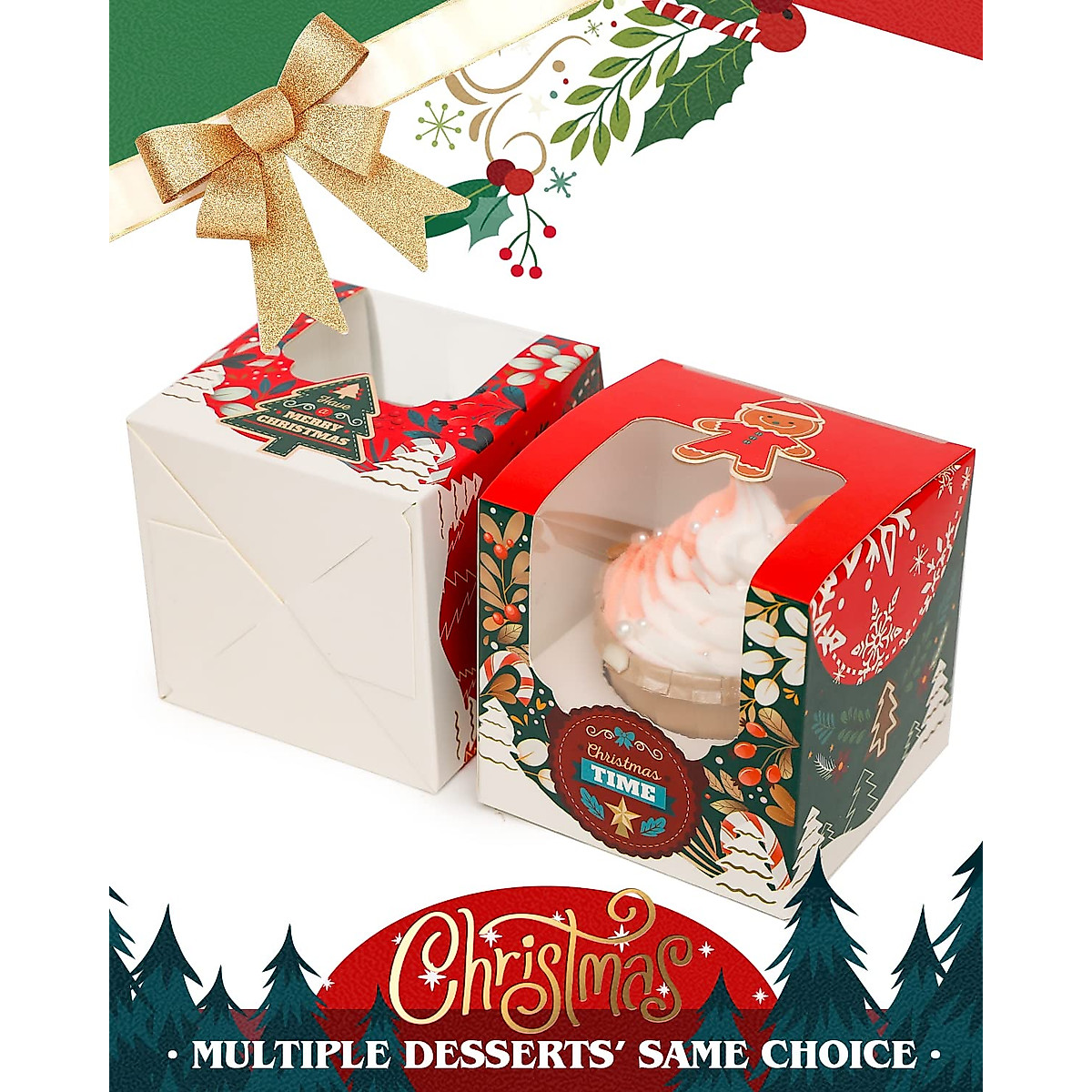 qiqee Christmas 100pcs Auto-Pop Up Mini Cupcake Boxes Individual 2.5" x 2.5" x 2.5" Single Cupcake Carrier Container for Christmas（Mini Size）